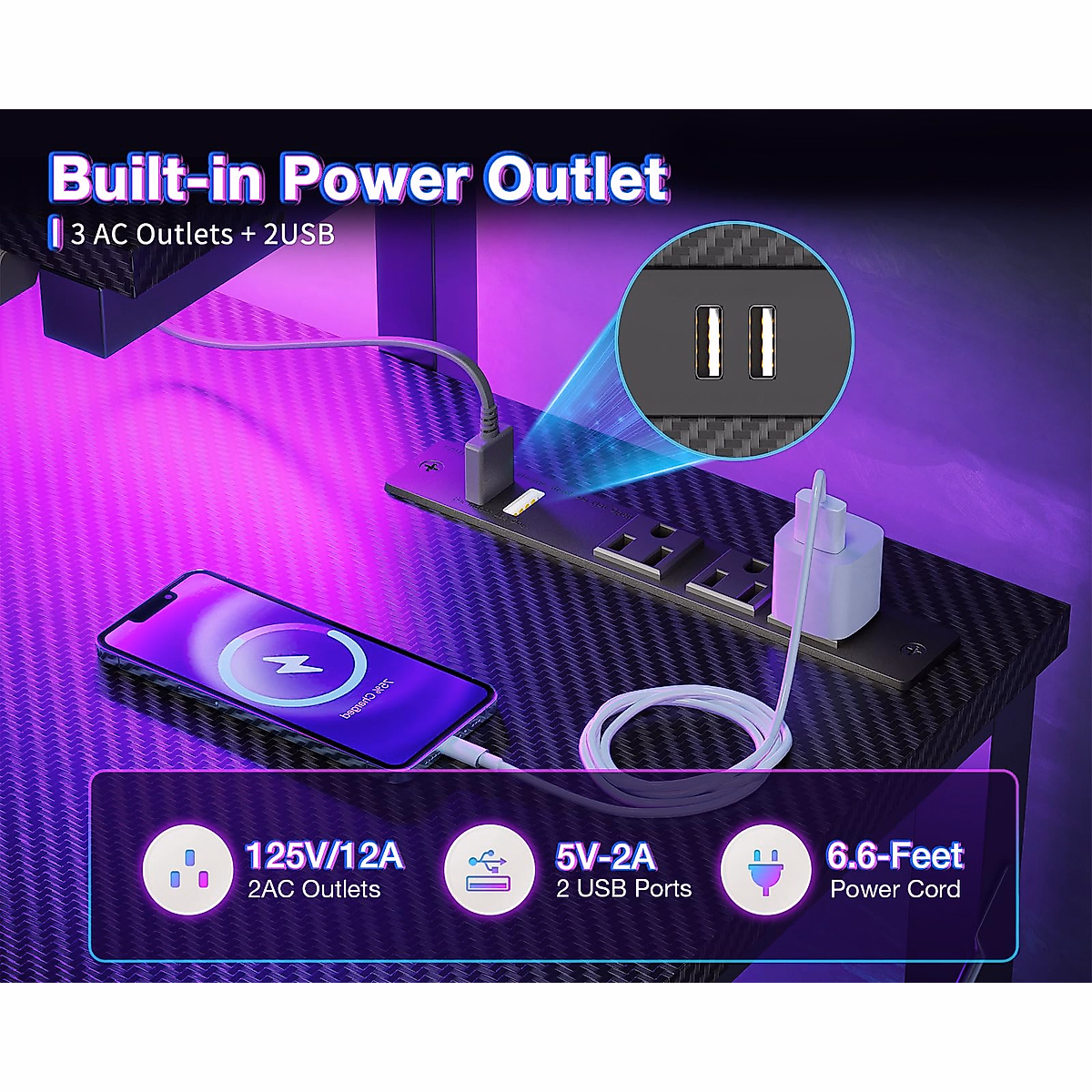 MOTPK Gaming Desk with Led Lights & Power Outlet, 40 Inch Small Gaming Computer Desk with Shelves, Reversible Gamer Desk Table with Adjustable Monitor Stand & Headphone Hook, Carbon Fiber Texture