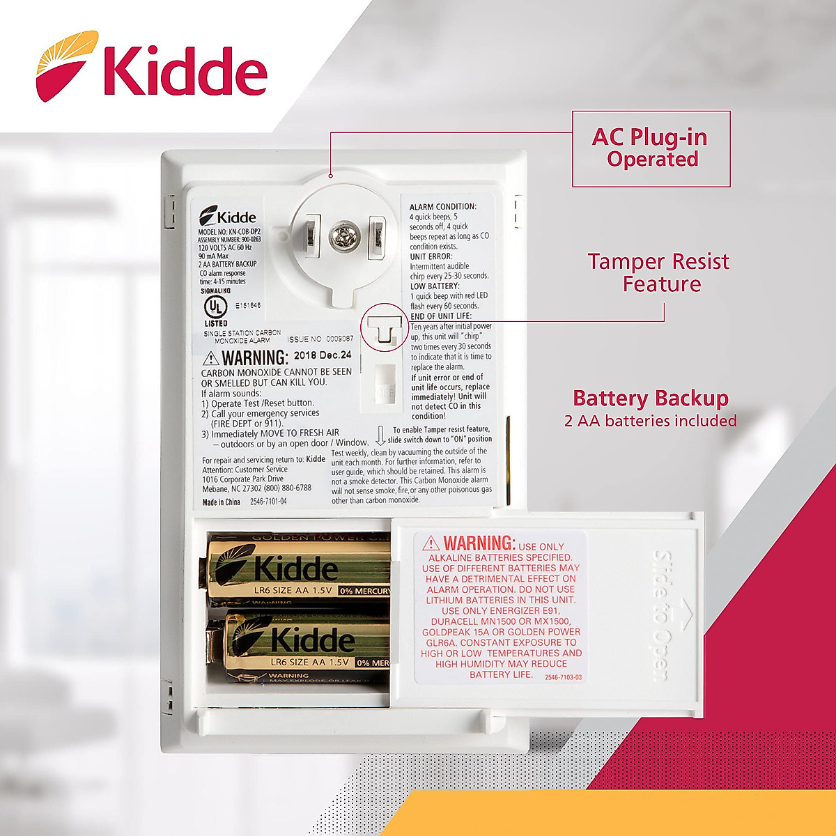 Kidde Carbon Monoxide Detector, AC Plug-In with Battery Backup, CO Alarm with Replacement Alert