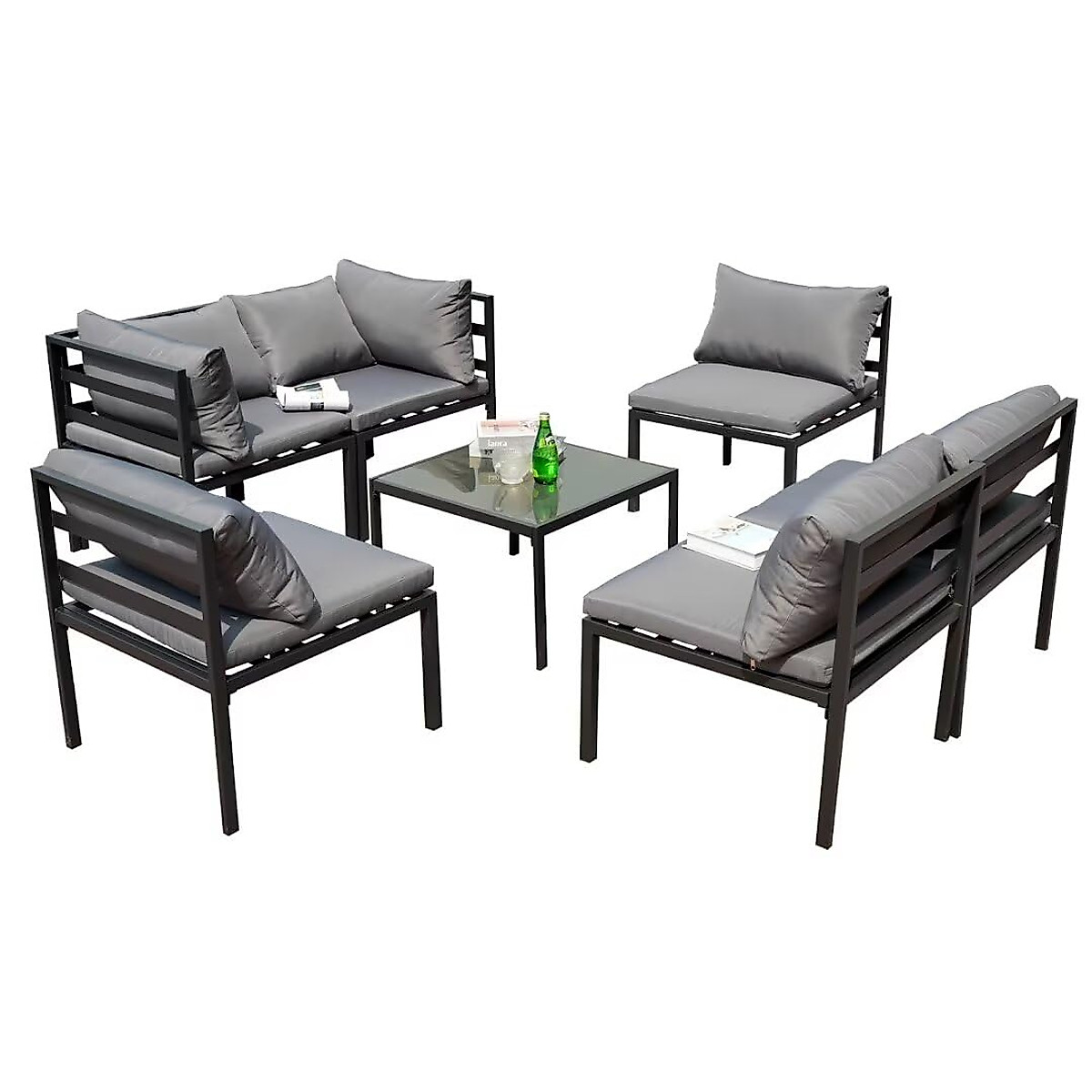 Homsido Outdoor Patio Furniture Set,Outdoor Chairs Set Sectional Sofa Patio Conversation Set，Porch Patio Chat Set with Tempered Glass Table top Coffee Table and Grey Cushions