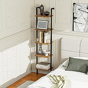 NUMENN Industrial Ladder Shelf, 5 Tier Book Shelf, Open Space Wall Mount Bookshelf with Metal Frame, Sturdy Book Shelves, Bookcase for Living Room, Home Office Shelf, Vintage Brown