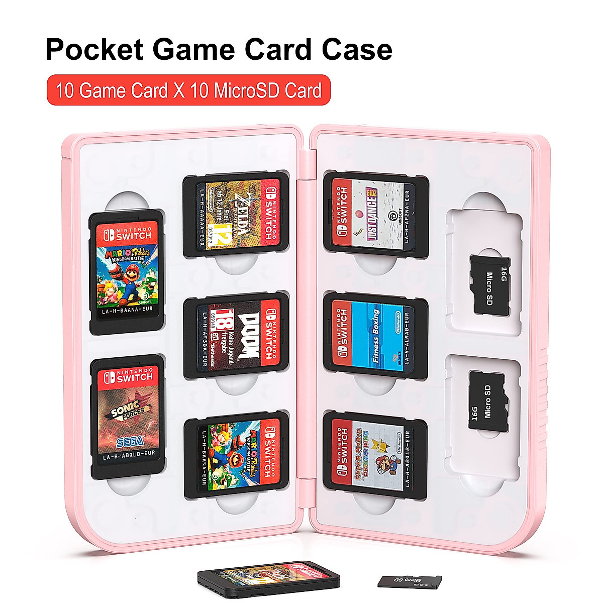 Leyu Smart Game Case for Nintendo Switch & Switch Lite,10 Slot Game Card Storage and 10 Slot SD Memory Card Protective Box, Slim and Portable (Pink)
