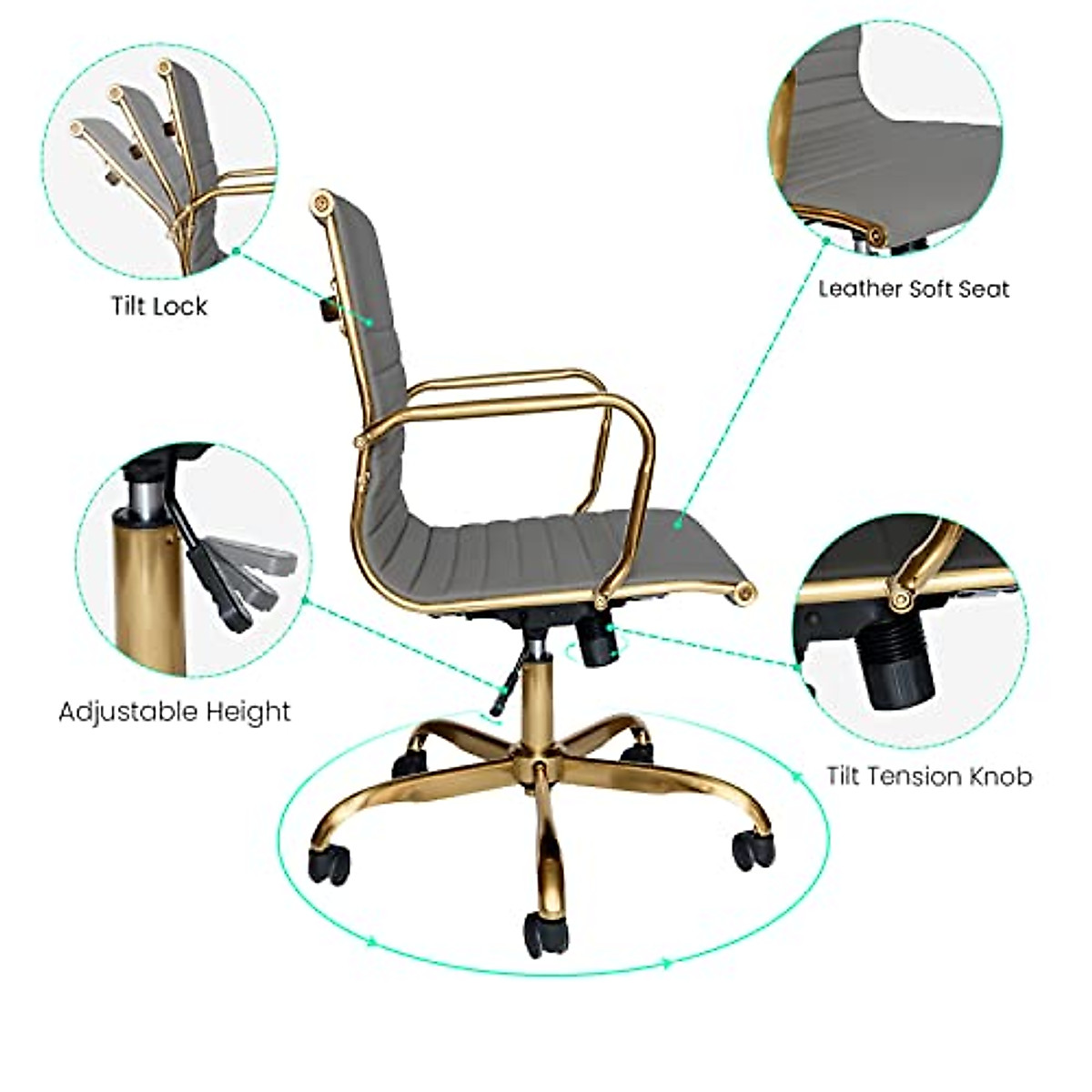 LeisureMod Harris Modern Adjustable Executive Swivel Leatherette Task Gold Office Chair (Grey)