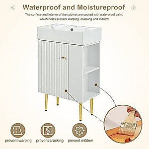 JUOFONE 21.6" White Bathroom Vanity with Sink Combo, Modern Bathroom Cabinet with Door, Freestanding Single Bathroom Vanity Set with Open Shelves (White_ Shelf on The Right)