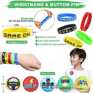Empire Party Supply 136 Pcs Video Game Party Favors for Kids, Gaming Party Favors - 15 set of VIP Pass Holder Keychain Wristband Button Pins Treat Bags Tattoos, Game On Themed Gamer Boys Birthday Goodie Bag Fillers