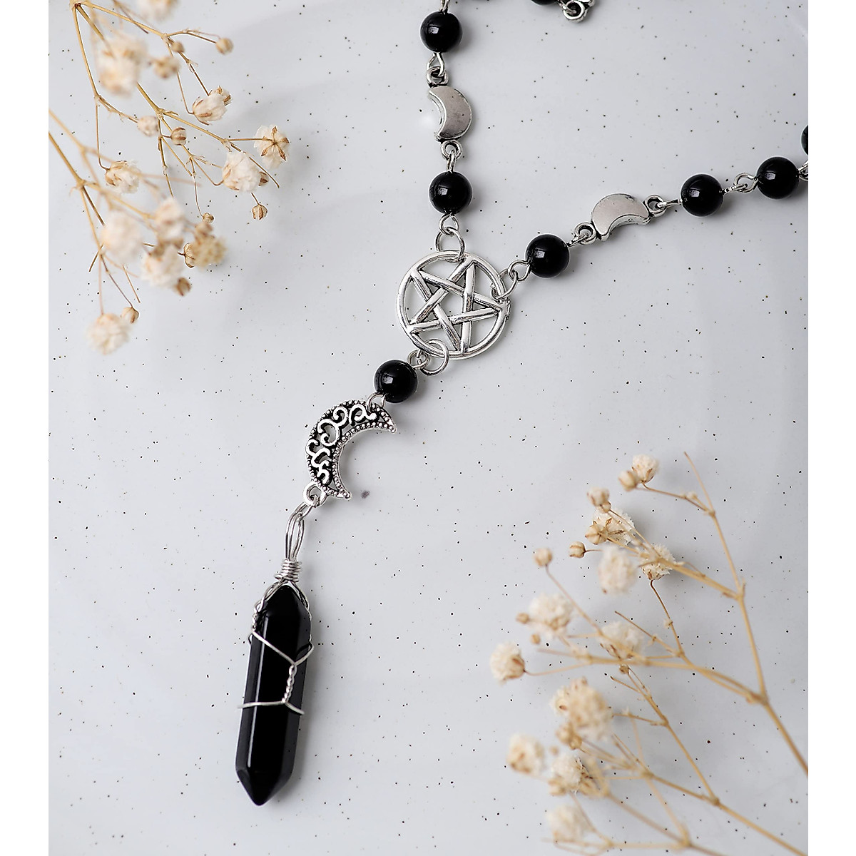 Sacina Gothic Crescent Moon Choker Necklace, Moon Sun Pendant, Goth Gift for Women, Christmas Gift for Women (Bead Moon Pentagram Crystal)