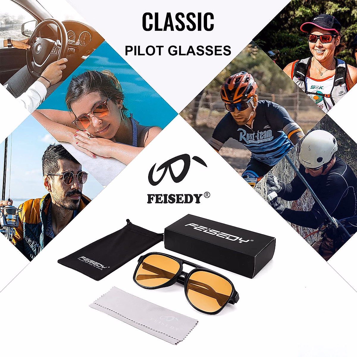 FEISEDY Vintage Retro 70s Plastic Aviator Sunglasses Trendy Orange Classic Large Squared Frame B2751