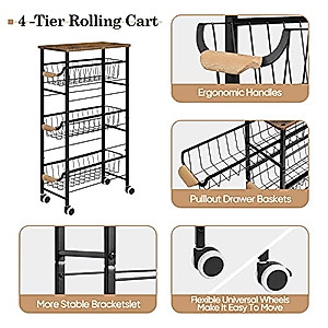 Shinoske Slim Rolling Storage Cart,4-Tier Rolling Kitchen Cart,Narrow Utility Cart with Pull-Out Basket and Wooden Top,for Ktichen,Bathroom,Laundry Room,Small Space,Rustic Brown
