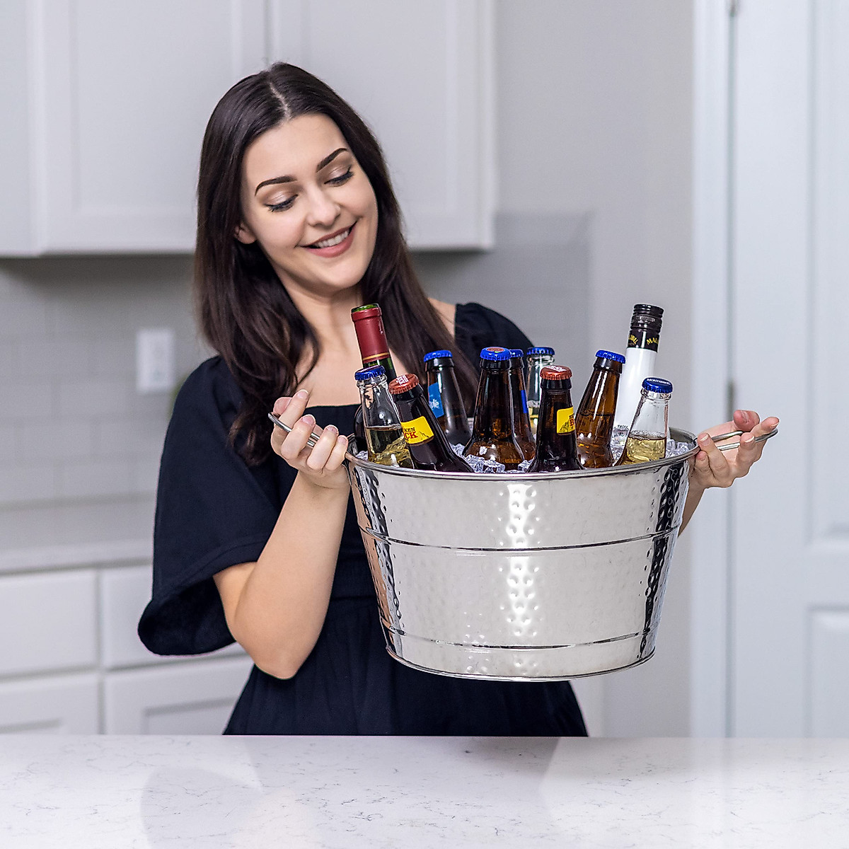 BREKX Stainless Steel Ice Bucket Round - Leak-Resistant Champagne Bucket - Hammered Drink Cooler for Parties - 15 Quarts - Metal Gift Basket for Wedding, Anniversary, or Housewarming