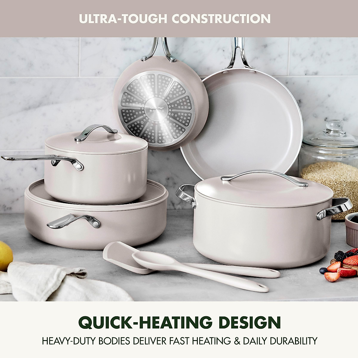 GreenPan Nova Healthy Ceramic Nonstick 10-Piece Cookware Pots and Pans Set, PFAS & PFOA-Free, Frying Pans, Saute, Stockpot, Utensils, Lids, Induction Suitable, Dishwasher Safe,Oven & Broiler Safe,Clay