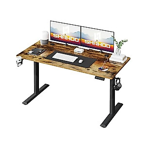 Shahoo Electric Standing Desk, 55 x 24 Inches Height Adjustable Corner Table, Computer Workstation with Cup Holder and Hook for Home Office, Rustic Brown