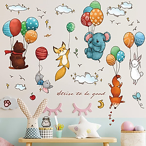RAINBOW WSK Animals Balloons Wall Decals Elephant Rabbit Fox Bear Clouds Wall Stickers Woodland Jungle Animals Wall Decals Peel and Stick Vinyl Wall Mural Kids Bedroom Nursery Classroom Wall Decor