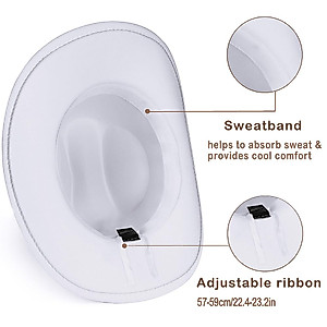 LolliWeaver Women Men Fashion Wide Brim Teardrop Crown Felt Western Cowboy Cowgirl Hat with Silver Studs Leather Hat Band, White