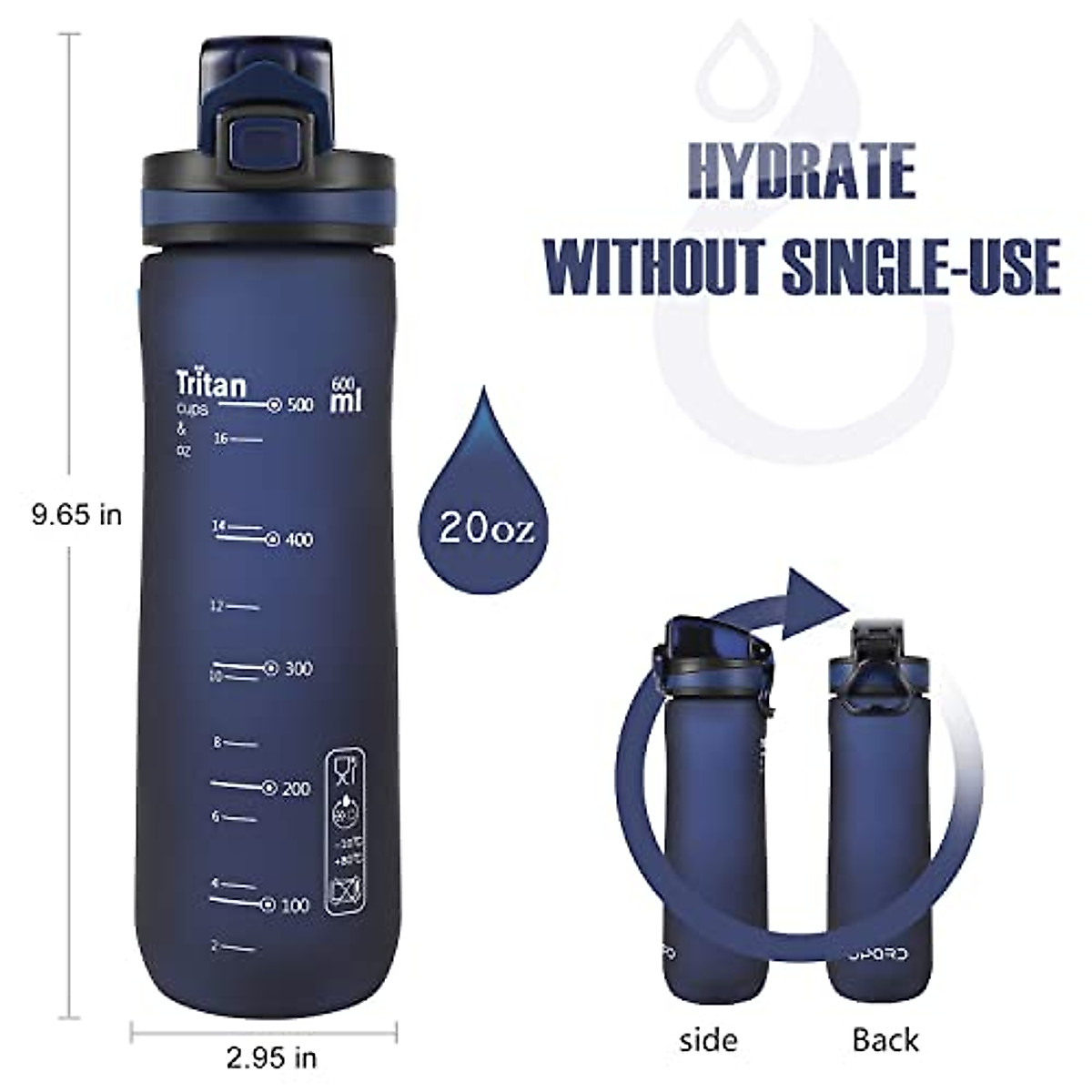 Opard Sports Water Bottle, 20 Oz BPA Free Non-Toxic Tritan Plastic Water Bottle with Leak Proof Flip Top Lid for Gym Yoga Fitness Camping (Blue)