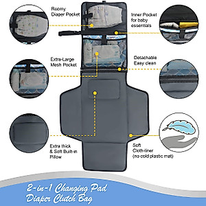 Portable Diaper Changing Pad Thick Soft Cushion Pillow - Travel Baby Mat Diaper Clutch Bag Detachable Wipes Pockets Baby Gift, Trellis Blue Grey Black