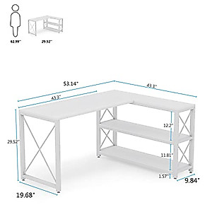 Tribesigns Reversible Industrial L-Shaped Desk with Storage Shelves, Corner Computer Desk PC Laptop Study Table Workstation for Home Office Small Space (White, 53")
