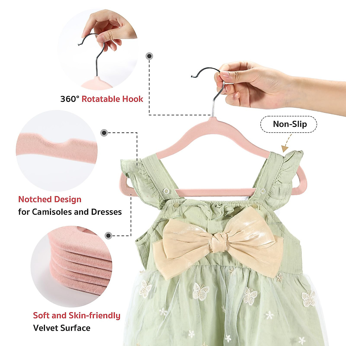 PIGLOG Kids Velvet Hangers, Pack of 50 Kids Hangers, Non-Slip Velvet Baby Hangers, 11.8 Inch Kids Felt Hangers, Durable Kids Clothes Hangers for Baby Toddler Children Closet, Hangers for Kids (Pink)