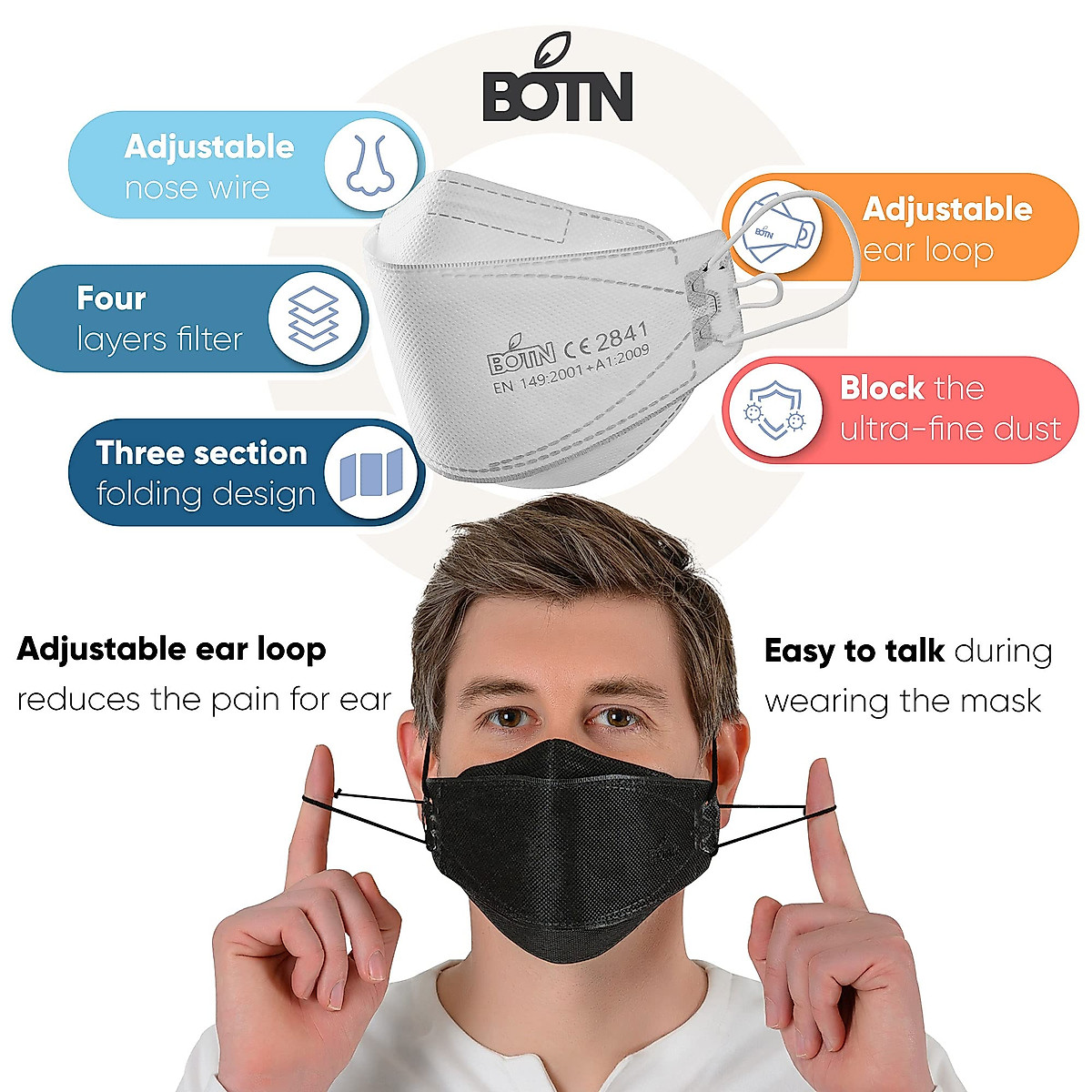 BOTN 23Pack KF94 Protective and Safety Mask for Adult, Adjustable Strap and Made in Korea, 4-Layer Filter and 3D Design (Black, Large)