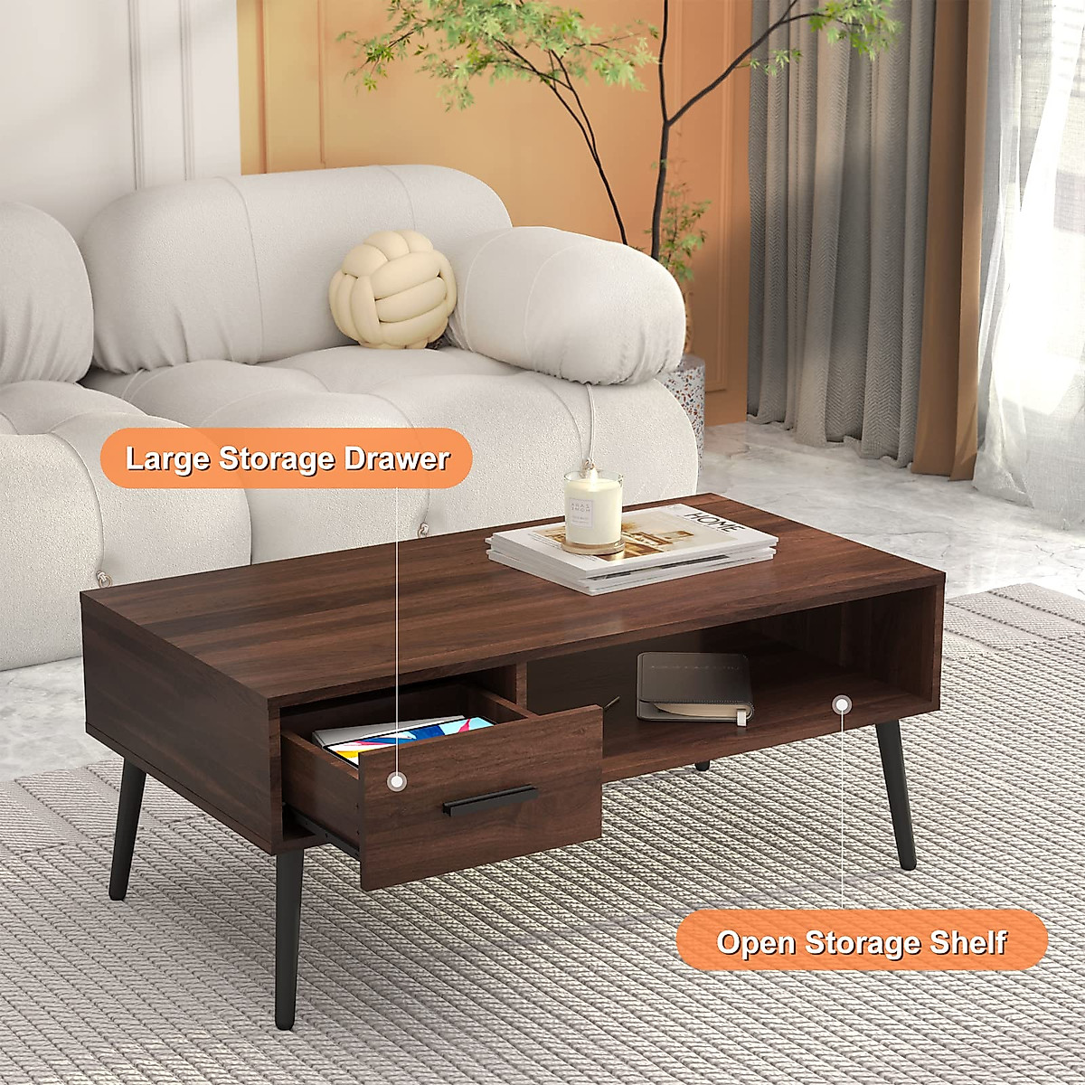 HAIOOU Coffee Table, Mid Century Modern Style Cocktail Table TV Stand with Drawer, Open Storage Shelf, Stable Floor-Anti-Scratching Pine Leg for Home, Office, Living Room