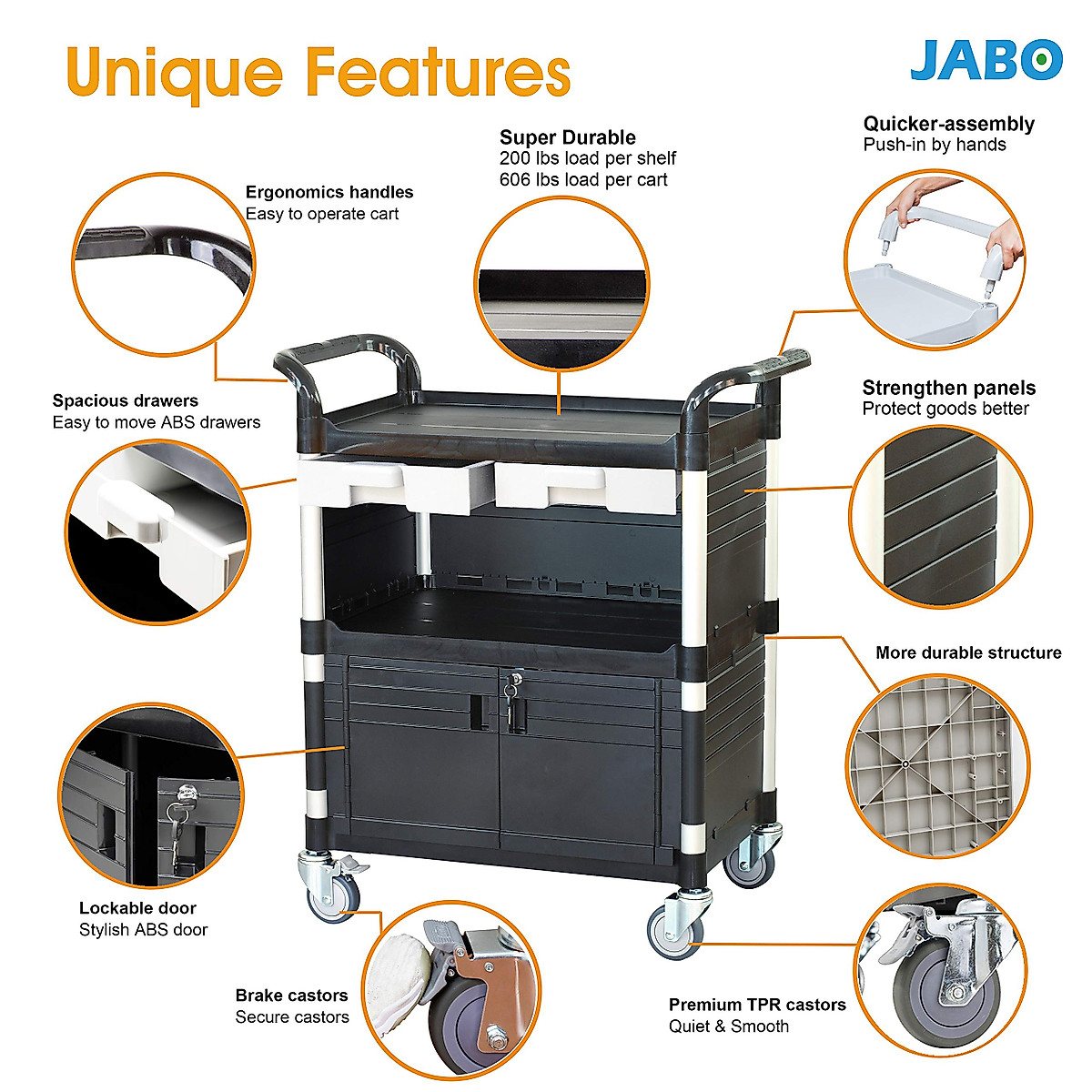 JaboEquip 3 Tier Heavy Duty Utility Cart Lockable Medical Cart Hospital Cart Lab Cart, 606 lbs Load for Lab Hospital Office, JB-3KD1, Black
