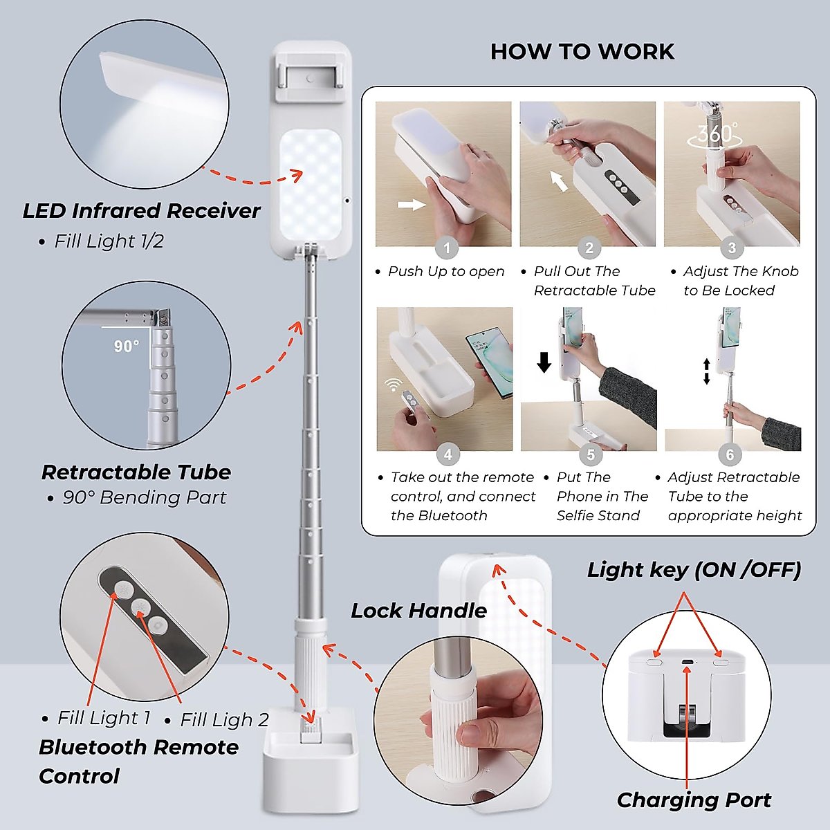 beyonday Foldable Phone Holder for Recording, Selfie Stand with Rechargeable LED Light&Wireless Remote Control 360° Rotatable Retractable Phone Stand for Video Recording/Live Streaming/Online Teaching