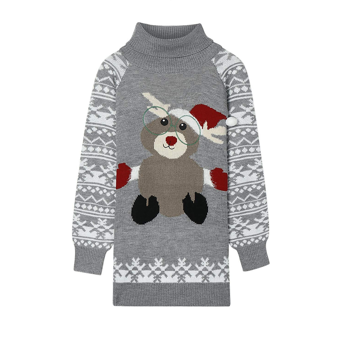 Pink Queen Women Turtleneck Loose Christmas Elf Print Long Sweater Dress with Pockets L Gray