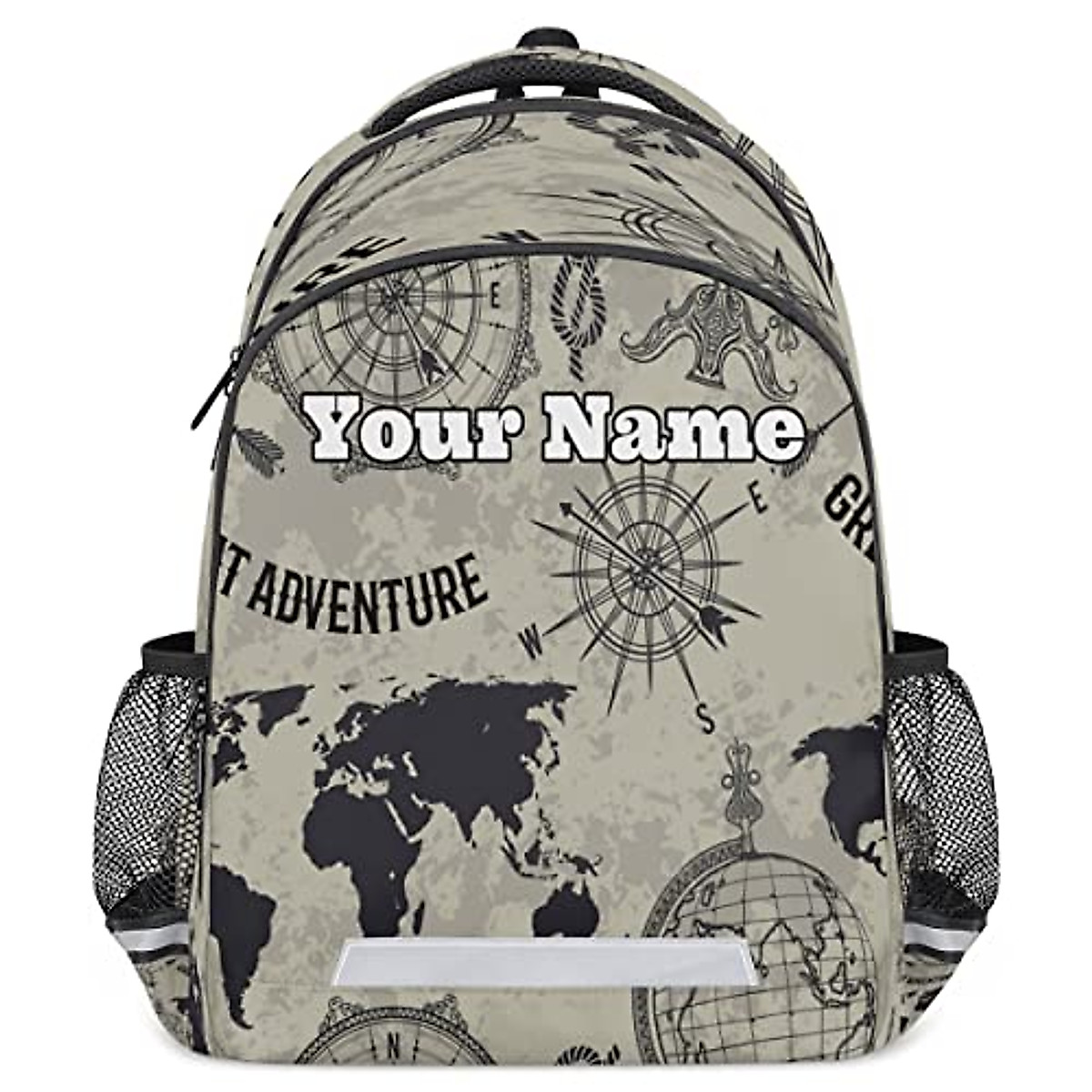 Herdesigns Custom Vintage Backpack for Men Women with Name Personalized Map Globe Compass School Bookbag Backpacks Customized Travel Casual Daypack Laptop Bag