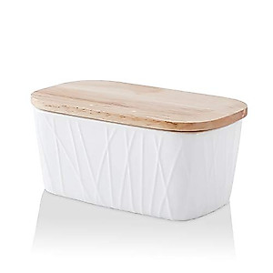 KOOV Porcelain Large Butter Dish with Lid for Countertop, Airtight Butter Container with Oak Lid, Butter Crock, Perfect for 2 Sticks of Butter, Irregular Striped Series (White)