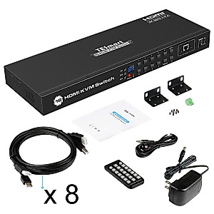 TESmart 16x1 HDMI KVM Switch 16 Port Enterprise Grade Support 4K 60Hz Ultra HD Console Rack Mount Switcher with 8 Pcs 5ft KVM Cable,USB 2.0 Device Control up to 16 PCs/Servers,RS232,LAN Port Control