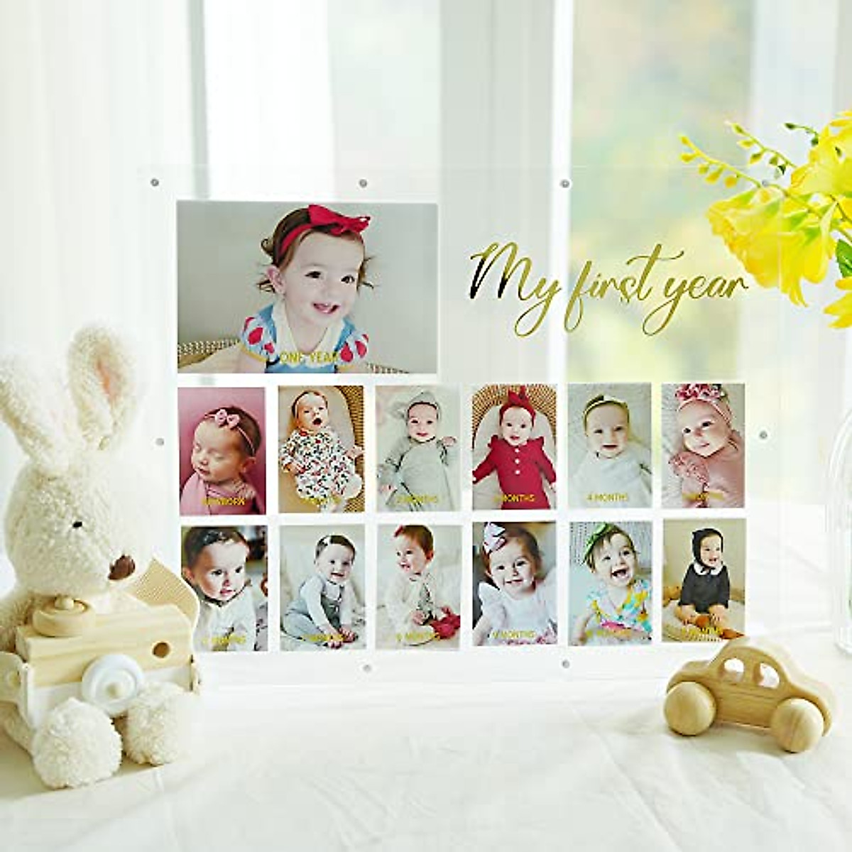 LOOKEY My First Year Acrylic Baby Picture Keepsake Frame, Monthly Milestone, 12 month Photos, Gender-Neutral Nursery Décor, First Birthday Monthly Photo Collage, Baby Shower, New Mom Gift
