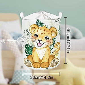 Clastyle Woodland Animal Leopard Nursery Hamper Green Tropical Palm Leaves Laundry Basket Round Toy Clothes Storage Basket for Kid Bedroom