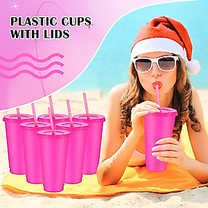 6 Pcs Reusable Tumbler with Lids and Straws Plastic Iced Coffee Tumbler Glitter Travel Mug Cup for Smoothie Juices Birthday Party Cold Drink Cup Coffee Cup Bulk for Adult Kid Women (Rose Red,24 oz)