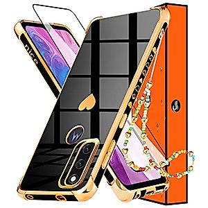 Shorogyt (3in1 Heart Case for Motorola Moto G Pure 2021 6.5 Inch Women Cute Aesthetic Love Hearts Pattern Girls Black Gold Luxury Girly Design Phone Cases Cover+Screen+Chain for G Pure 2021