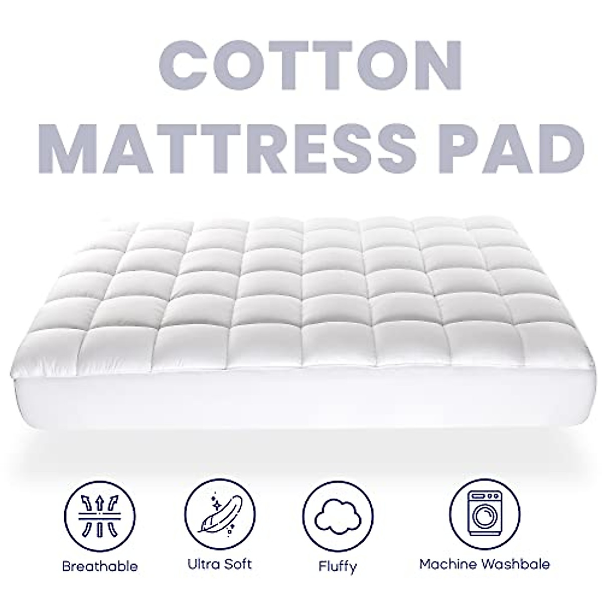 SLEEP ZONE Twin Size Cotton Mattress Pad, Soft Fluffy Cotton Top Mattress Topper, Machine Washable Mattress Protector Cover Fits 8-21 inch Deep Pocket, Twin
