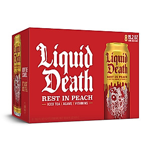 Liquid Death, Rest In Peach Iced Tea, 8-Pack (King Size 19.2oz Cans), Peach Flavored Tea Sweetened With Real Agave, B12 & B6 Vitamins, Low Calorie & Low Sugar