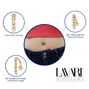 Lavari Jewelers 16 Gauge Top Mount Belly Ring for Women in 10k Yellow Gold with Cubic Zirconia 12 mm Post Length