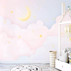 Cartoon Moon Clouds Stars 3D Wallpaper Mural, Cute Pink Clouds Photo Mural Wallpaper, Wall Murals Space for Kids Room Living Bedroom Sofa TV Background Decor - 144"x 100"(W x H)