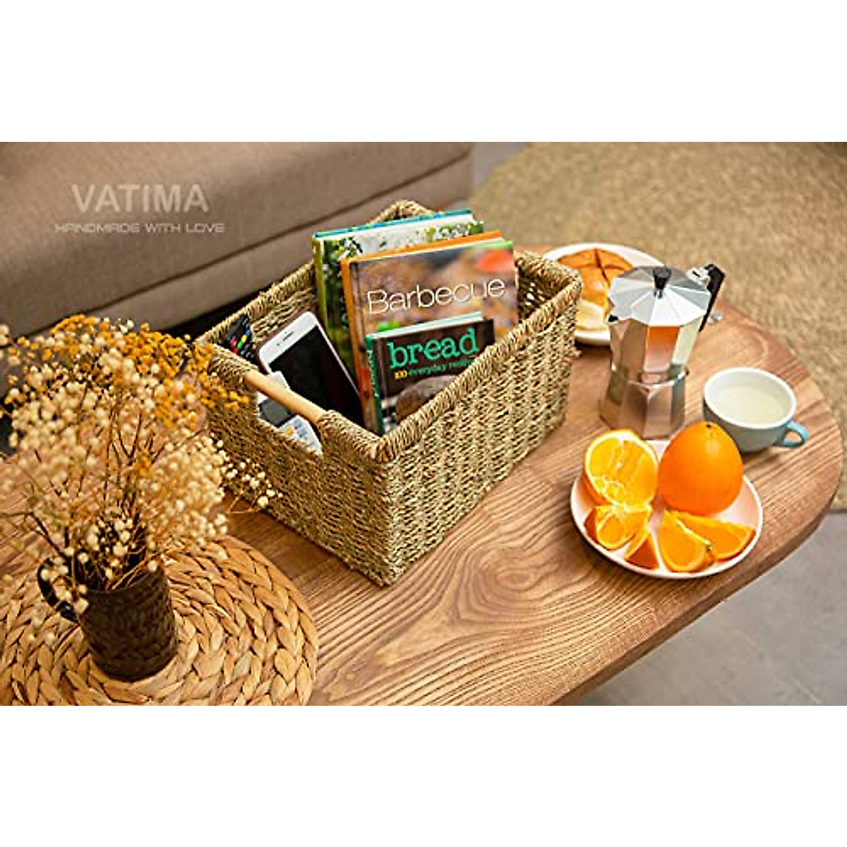Large Wicker Storage Basket with Wooden Handles, Seagrass Baskets for Shelves, Natural Basket with Handle