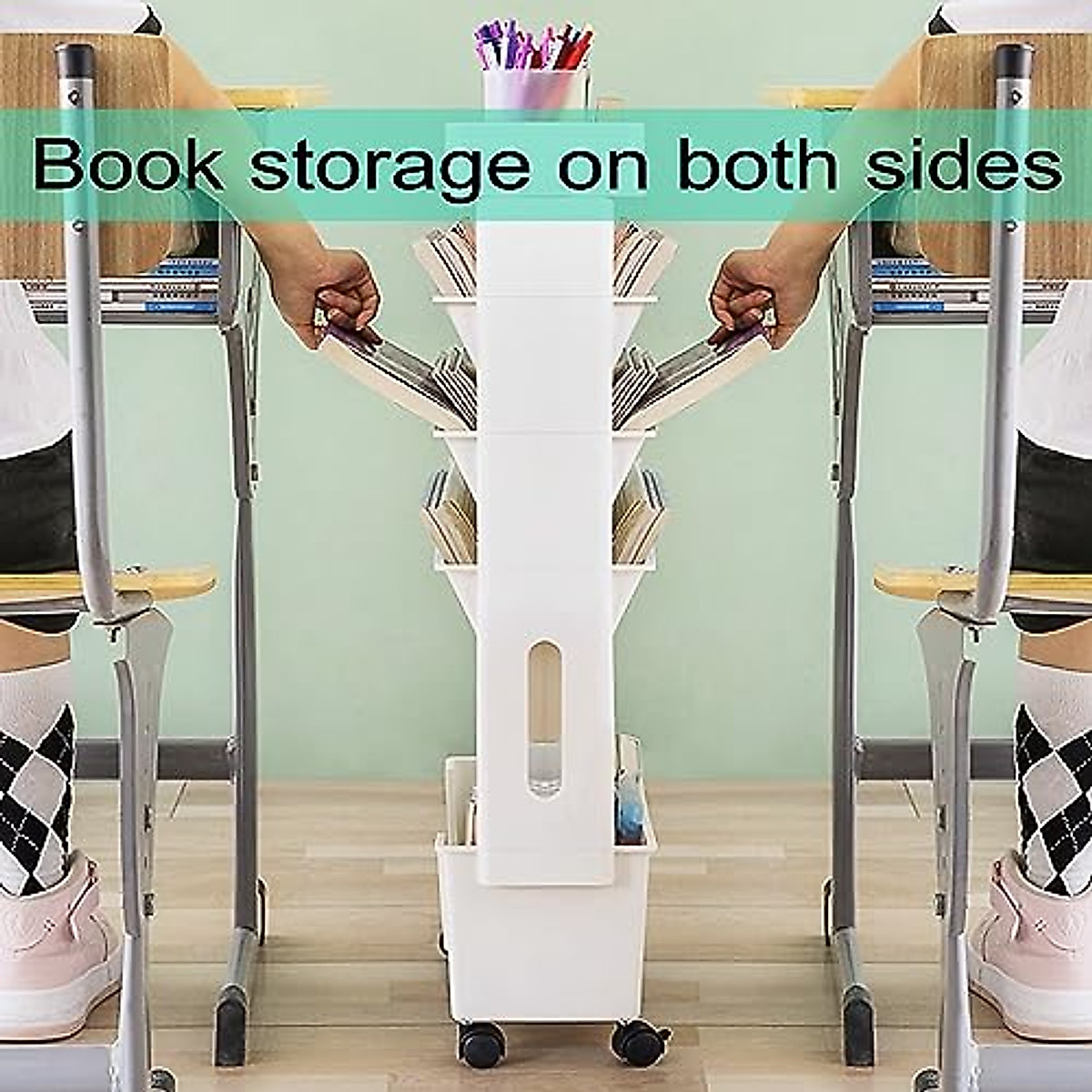 5 Tier Mobile Bookshelf, Removable Movable Unique Bookcase, Utility Organizer White Bookshelves with Wheels for Kids Children Students Study at Home School Bedroom Living Room