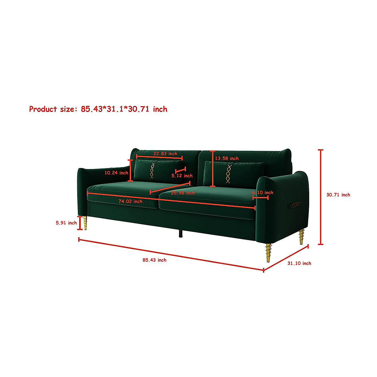 ANTTYBALE 85.43" Modern Sofa,Velvet 3 Seats Couch Easy Assemble,Sofa Bed with 2 Pillows & Gold Metal Legs for Living Room,Bedroom (Black)