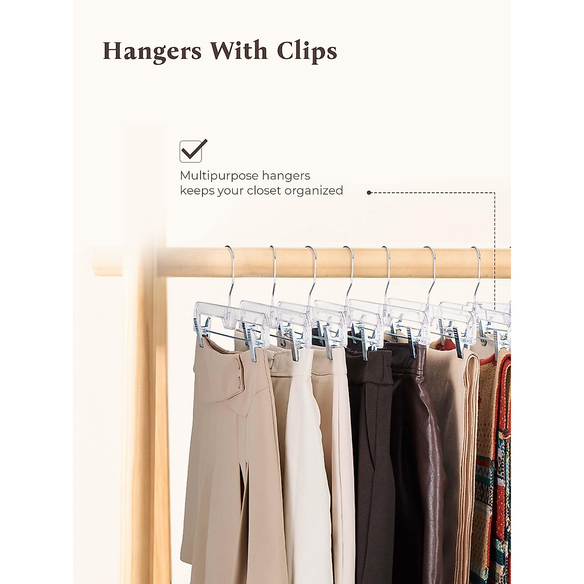 HOUSE DAY Clear Skirt Hangers with Clips, Non-Slip Plastic Pant Hangers with Adjustable Clips, Slim Clip Hangers for Pants, Skirts, Shorts, 14" Clear Hangers 10 Pack, 360-Rotating Swivel Hook
