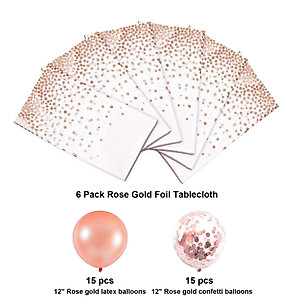6 Pack Plastic Tablecloths for Rectangle Tables, Rose Gold Dot Confetti Party Table Cloths Disposable Table Covers with 30 Balloons for Parties Girl Birthday Baby Shower Wedding Bridal, 54" x 108"