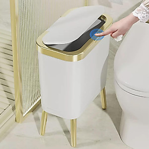 URALFA 4 Gallon Bathroom Trash Can with Lid, Slim Garbage Can with High Foot, Dog Proof Trash Bin with Press-TOP, Modern White and Gold Trash Can for Bedroom, Kitchen, Living Room, Toilet (White)