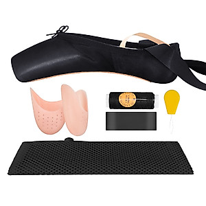 IJONDA Professional Pointe Shoes for Girls and Ladies Black Satin Ballet Dance Slippers with Mesh Bag Ribbons Toe Pads
