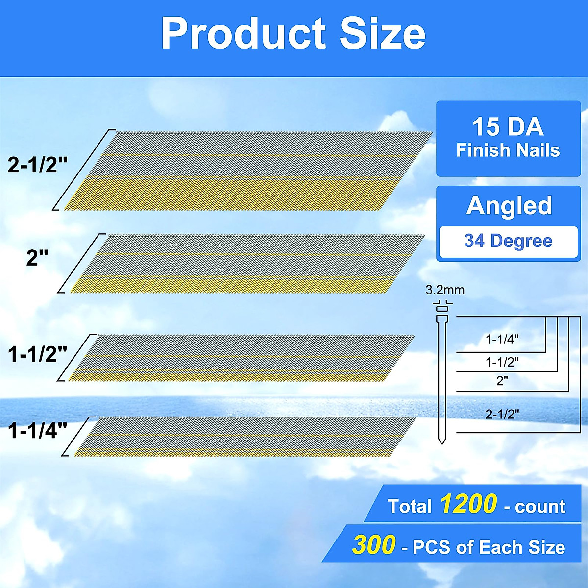 SimCos 15 Gauge 34-Degree DA Series Angled Finish Nails, (1-1/4", 1-1/2", 2", 2-1/2"), Galvanized Assorted Size Project Pack for Pneumatic, Electric Angled Finish Nailer or Nail Gun (Assembly 1200)