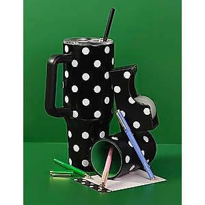 Kate Spade New York 40 Ounce Tumbler with Handle and Straw, Double Wall Stainless Steel Insulated Tumbler, Cupholder Friendly 40 oz Cup, Black Metal Tumbler for Hot or Cold Drinks, Picture Dot
