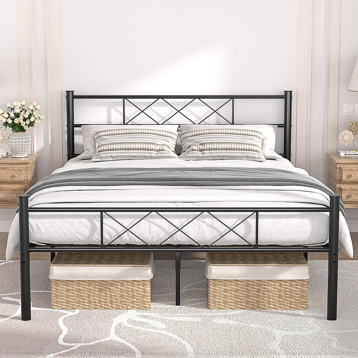 VECELO Full Size Bed Frame with Headboard, Heavy-Duty Platform/Mattress Foundation with Metal Slats Support, No Box Spring Needed/Easy Assembly, Matte Black