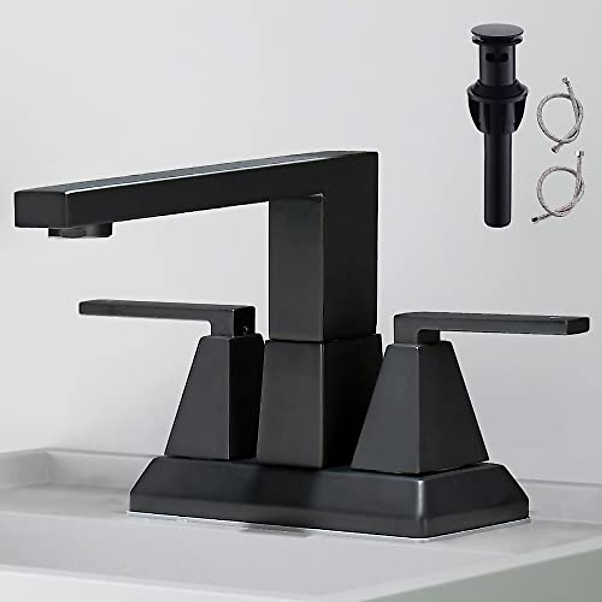 BRAVEBAR 4in Black Bathroom Faucet - 2 Handles Centerset Faucet Bathroom 2 or 3 Hole Bathroom Vanity Sink Faucets with Pop-up Drain | 360° Swivel Spout Leadfree Bathroom Faucet Matte Black