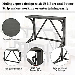 Solid Wood 3-Piece Counter Height Extra Long Dining Table Set Home Bistro Set with USB Port, Farmhouse Rustic Bar Pub Dining Table with 2 Upholstered Stools, Space Saving (Gray)