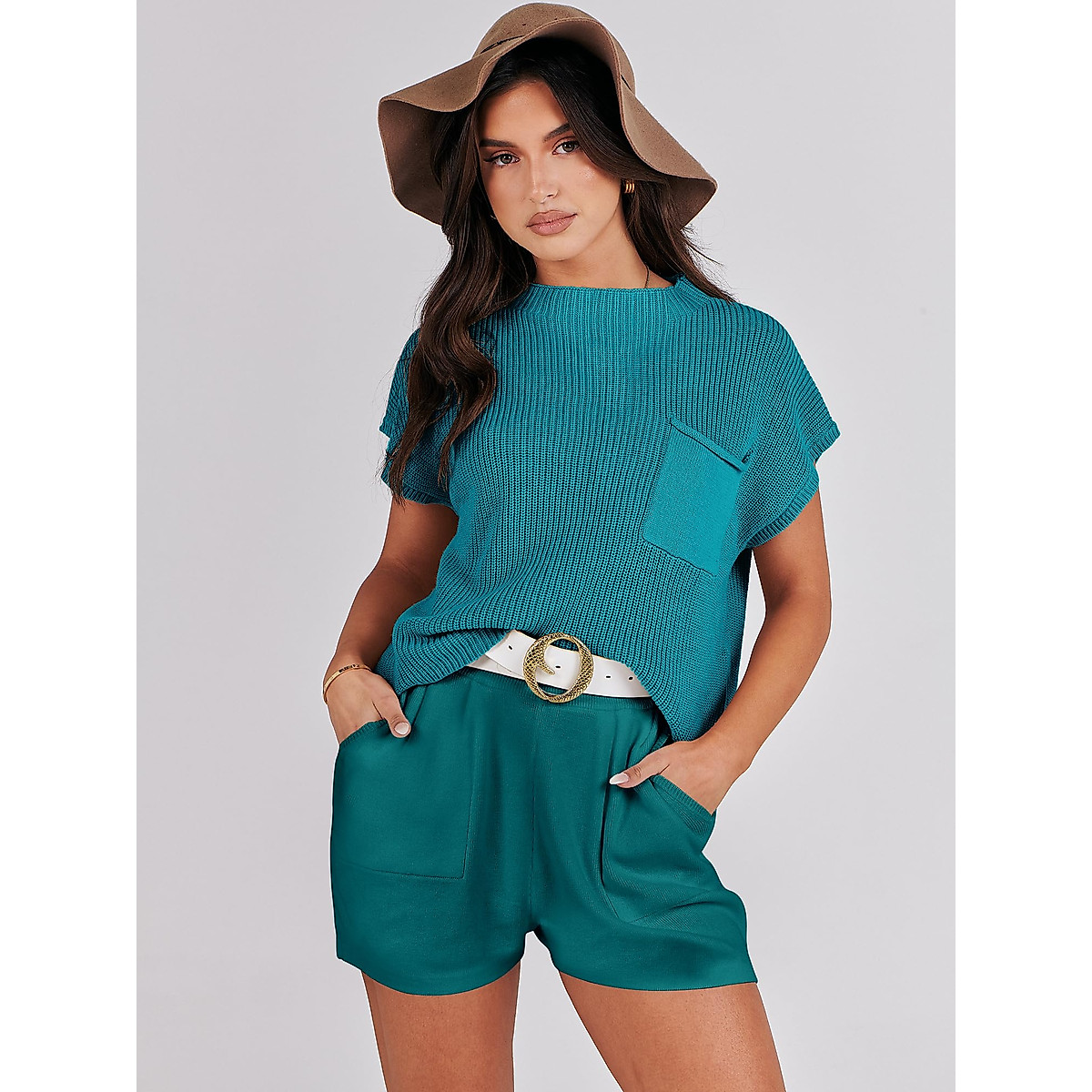 Caracilia 2 Piece Lounge Sets for Women 2024 Summer Short Sleeve Sweaters and Shorts Matching Sets Clothing Casual Fashion Deep Deep Green X-Large