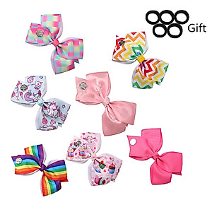 7pc 5" Large Hair Bows for Girls, JOJO Siwa Grosgrain Ribbon Hair Barrettes with Heart Emblem Accessories for Toddler